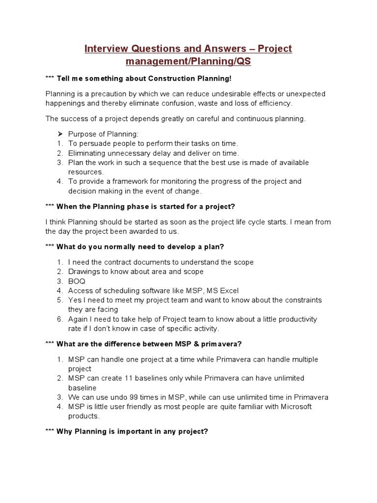 Planning Engineer and QS - Interview Questions and Answer | PDF ...