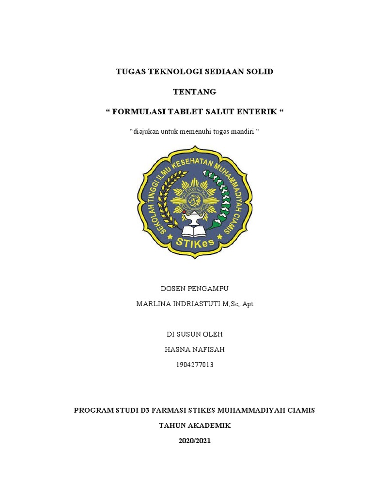 Tugas Teknologi Sediaan Solid Tablet Salut Enterik 2 Hasna | PDF