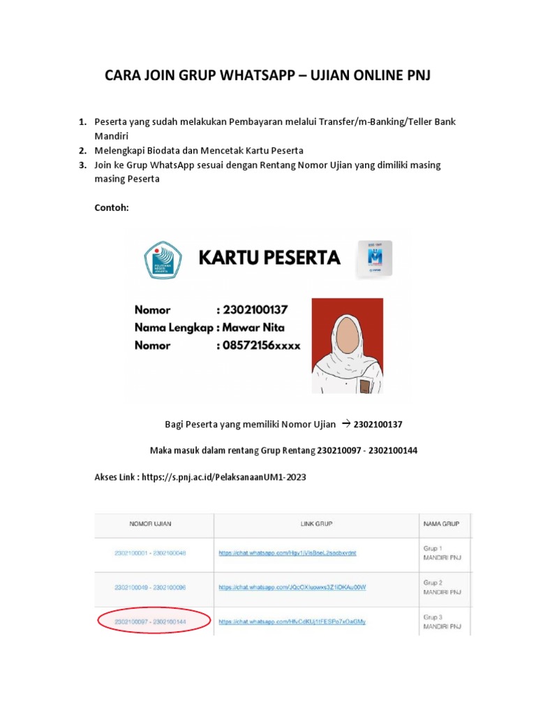 Tata Cara Join Grup Dan Verifikasi Peserta Ujian Online PMB - PNJJ | PDF