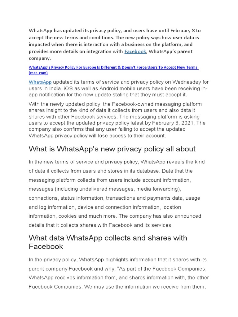 Whatsapp Privacy Policy | PDF | Facebook | Internet Privacy