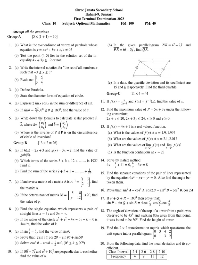 Question For Optional Math Grade 10 | PDF | Matrix (Mathematics) | Mathematical Physics