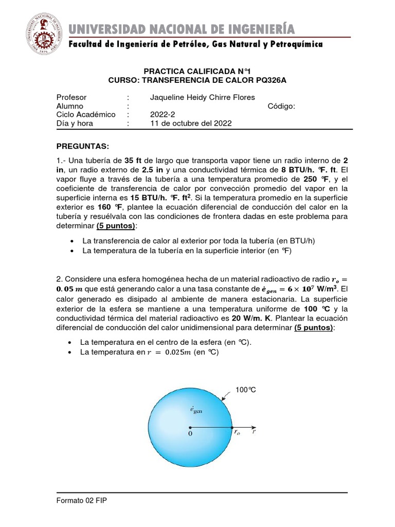 Práctica Calificada Nº1 - PQ326 - 2022-2 | PDF | Conduccion termica | Transferencia de calor
