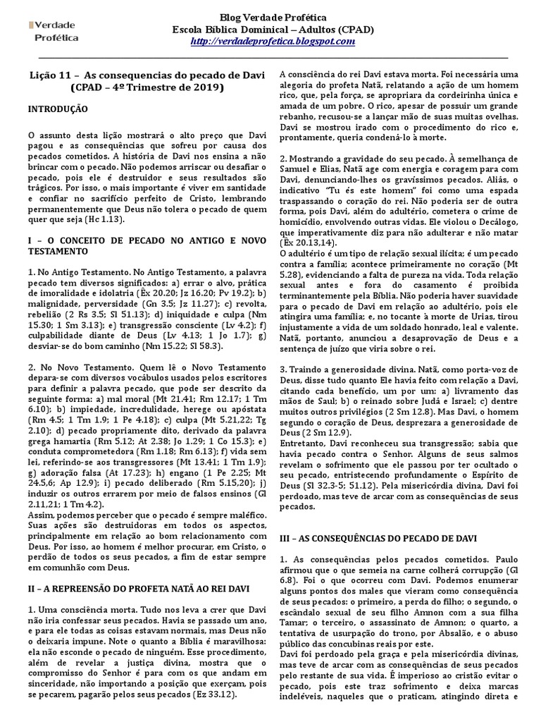 Lição 11 As Consequencias Do Pecado De Davi Pdf Pecado Davi