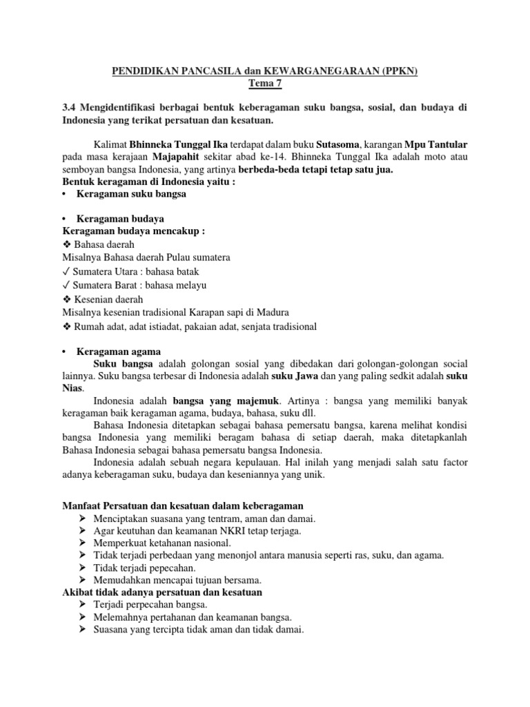 Rangkuman PKN Kelas 4 Tema 7-9 | PDF
