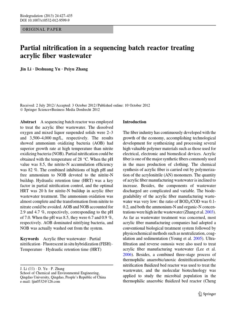 Partial Nitrification In A Sequencing Batch Reactor Pdf Sewage Treatment Chemistry