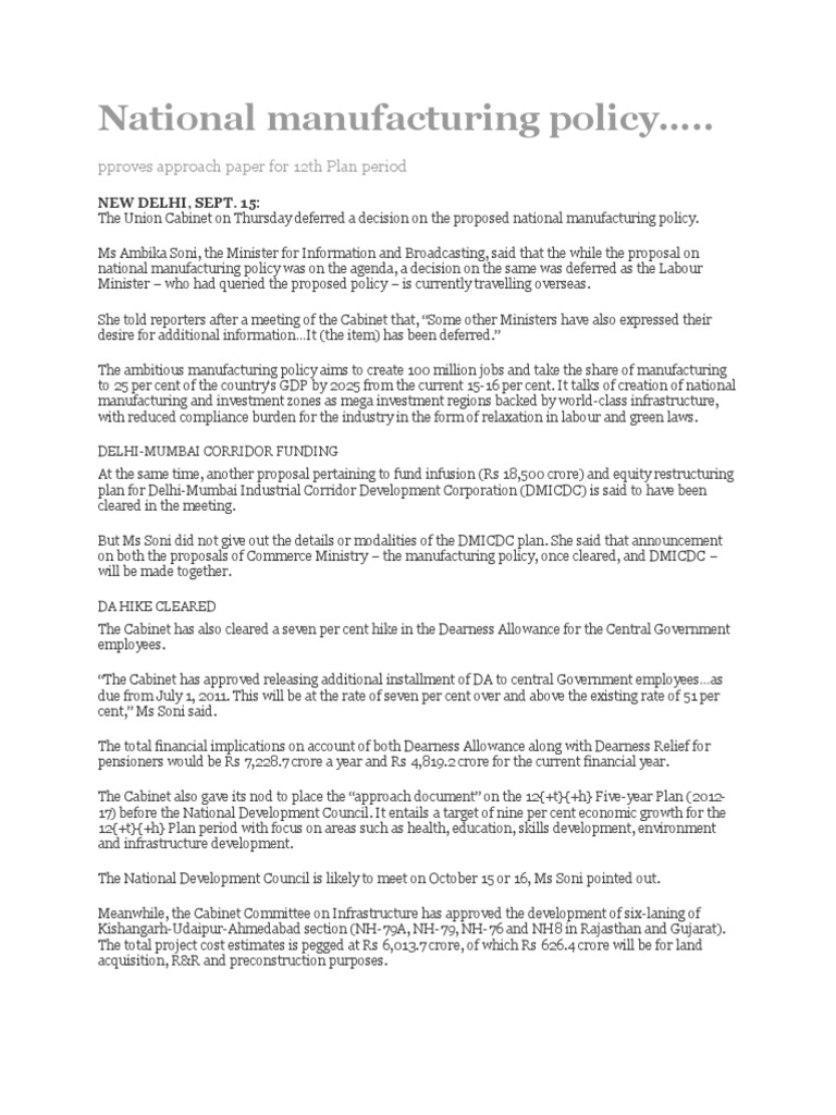 National Manufacturing Policy | PDF | Sustainability | Renewable Energy