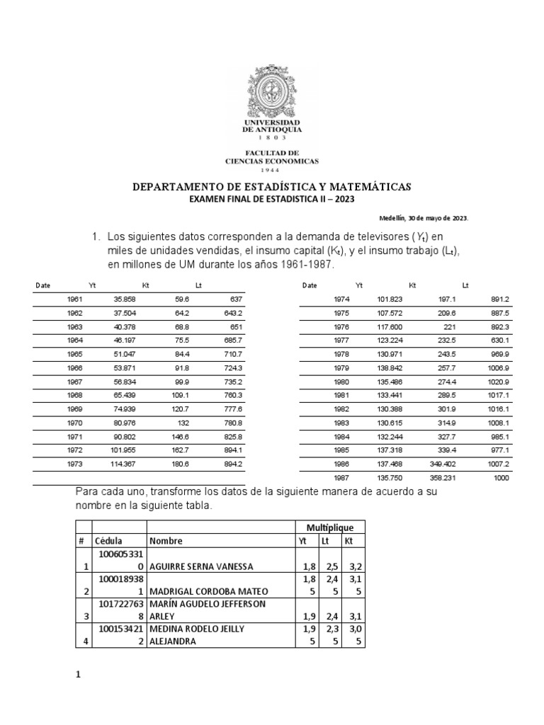 Examen Final Estadistica II - 2023 | PDF | Se sentó