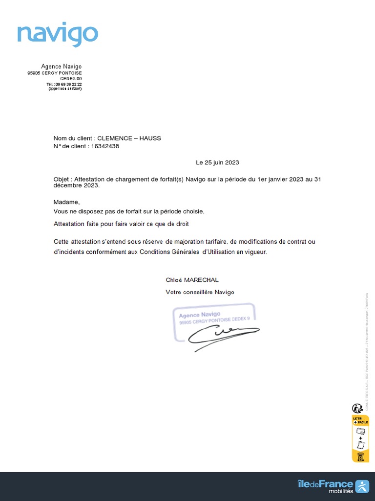 Attestation-Navigo 2023 | PDF