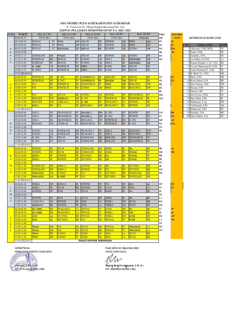 Jadwal PBM SEMESTER GENAP 2022-2023 | PDF