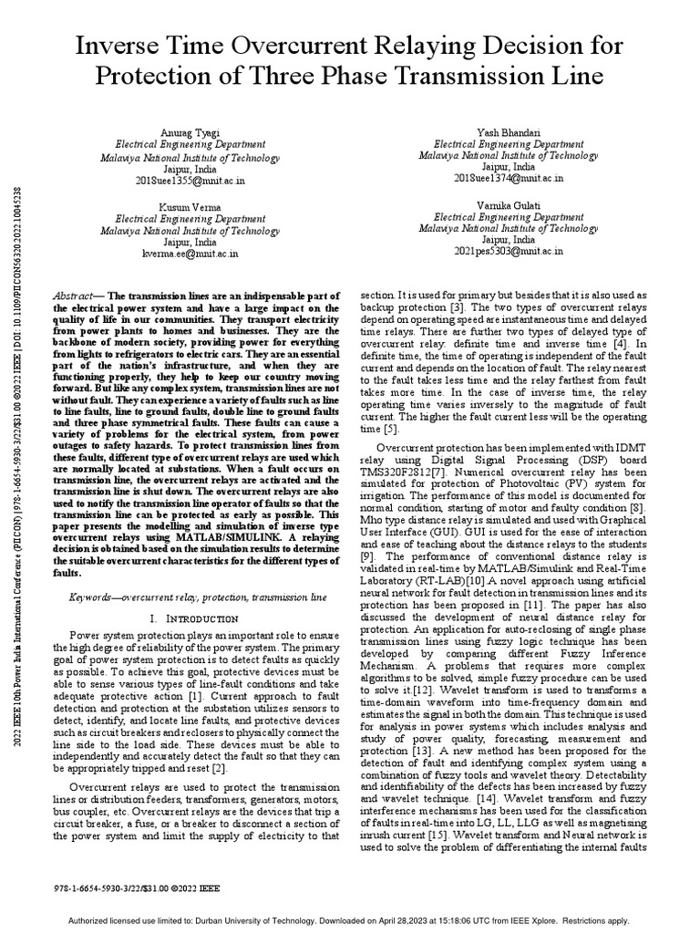 Inverse Time Overcurrent Relaying Decision For Protection of Three ...