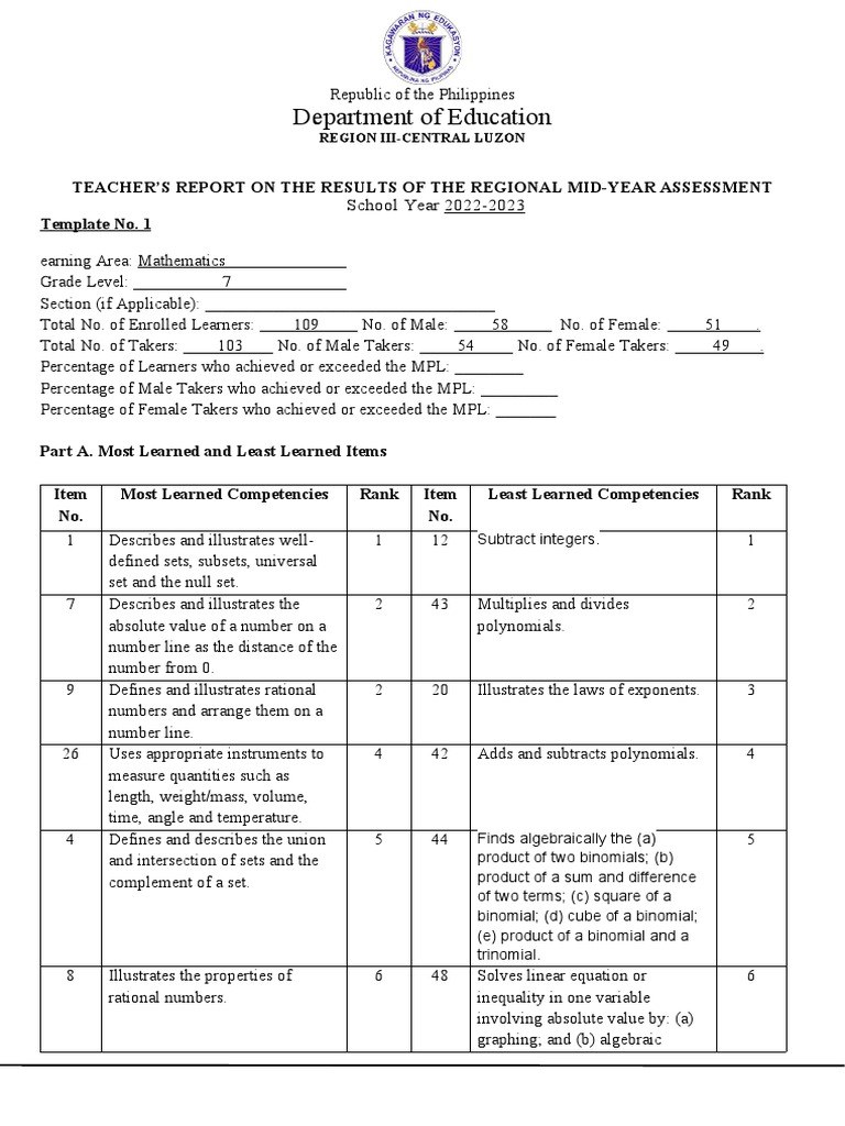 Regional Mid Year Assessment Report - Math7 All2 | PDF | Equations ...