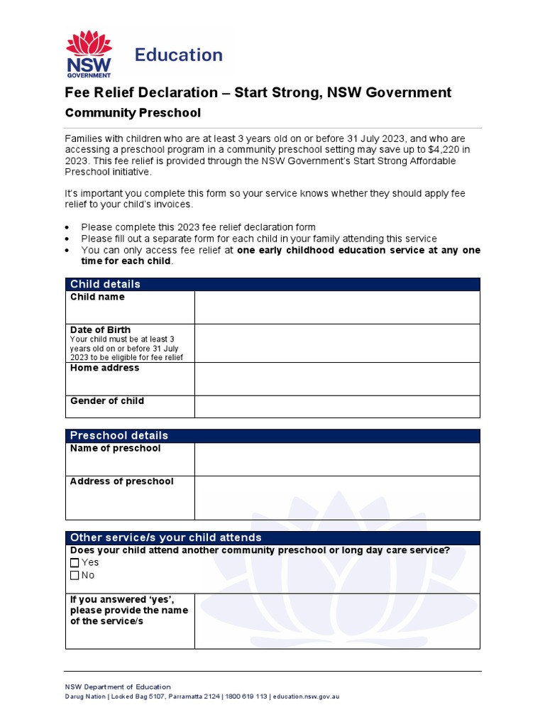 2025 Start Strong Fee Relief Declaration | PDF | Child Care | Preschool