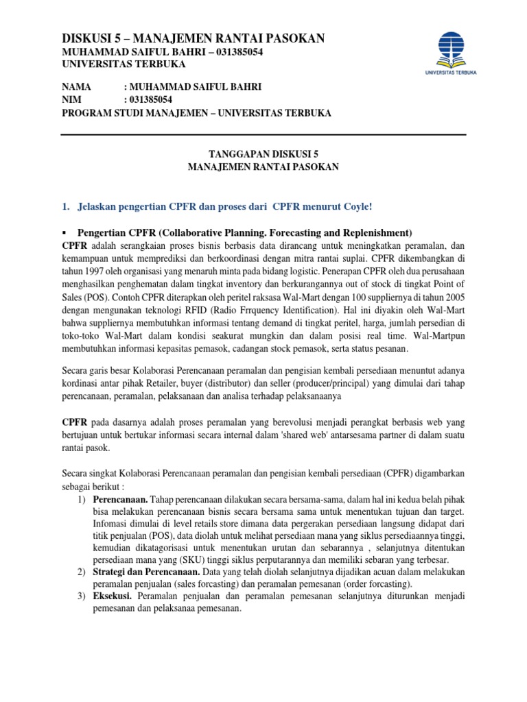 M. Saiful Bahri (031385054) - Diskusi 5 Manajemen Rantai Pasokan | PDF | Bisnis