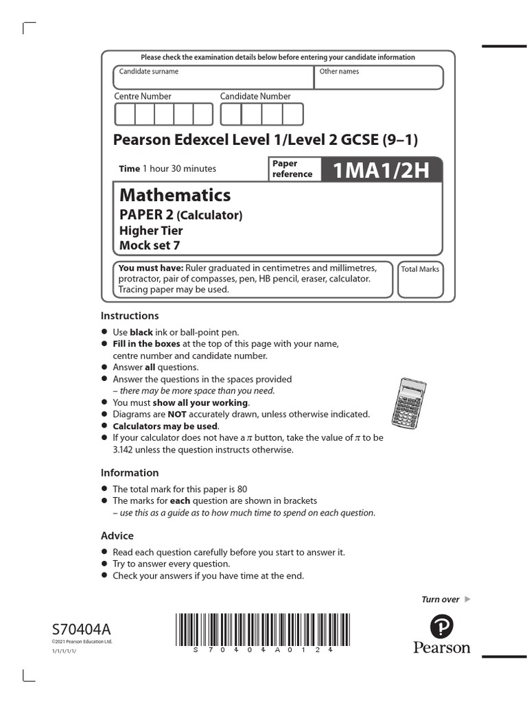 Edexcel GCSE Maths Mock Set 7 Paper 2 | PDF | Speed | Atmospheric Pressure