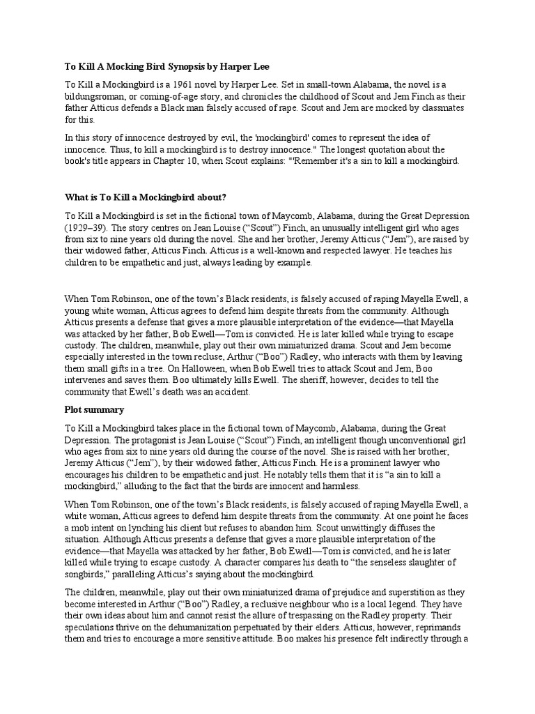 To Kill A Mocking Bird Synopsis by Harper Lee | PDF | To Kill A Mockingbird