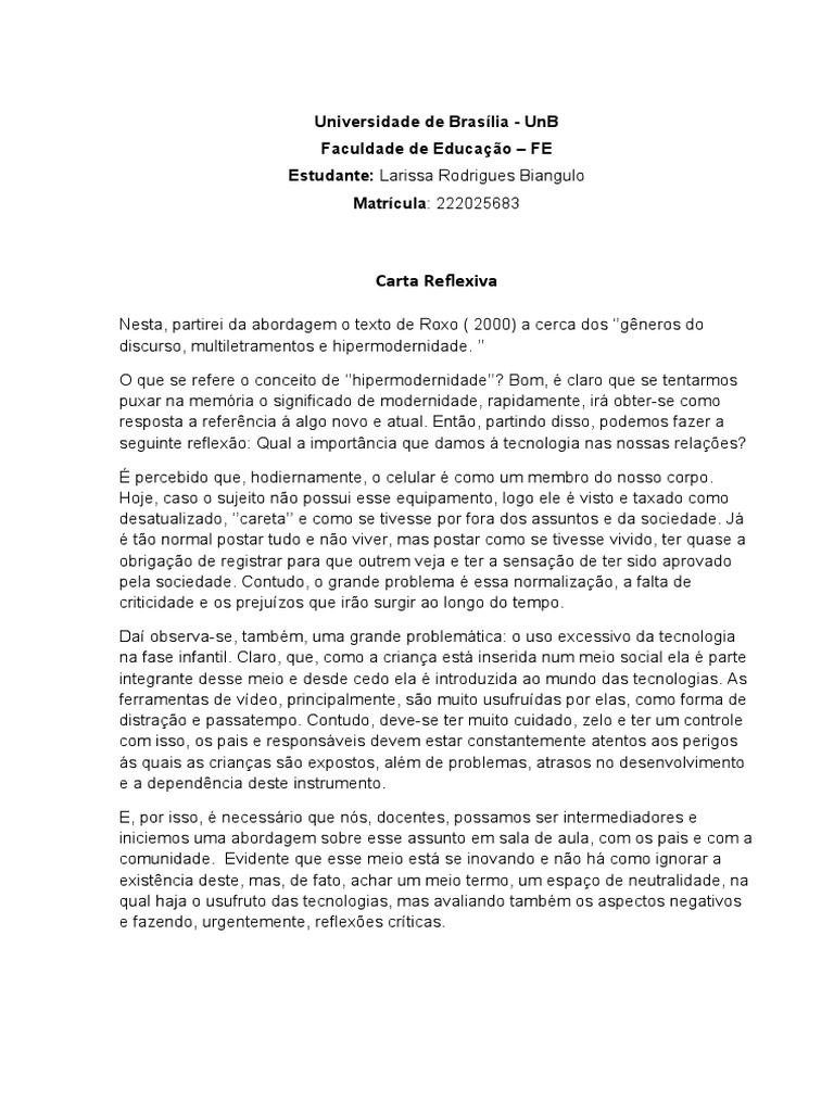Carta Reflexiva | Download grátis PDF | Aprendizado | Lição
