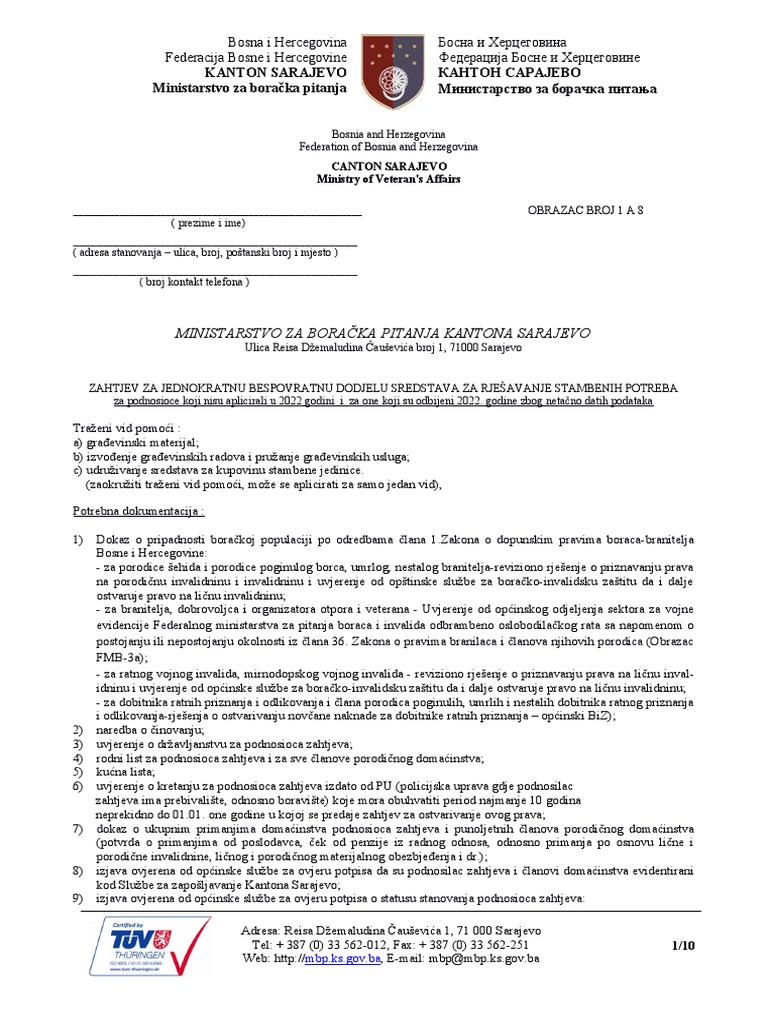 Obrazac Zahtjeva Za Jednokratnu Bespovratnu Dodjelu Sredstava 2023 - Dodjela Gradevinskog ...