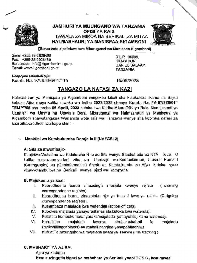 Tangazo La Nafasi Za Kazi Kigamboni June 2023 | PDF Tangazo La Nafasi Za Kazi Kigamboni June 2023 | PDF