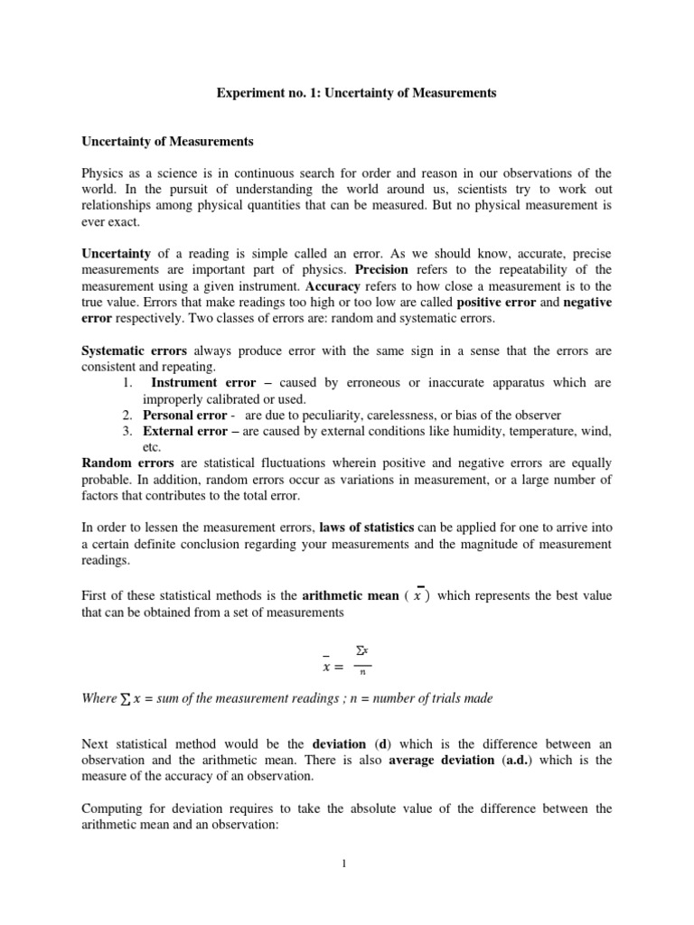 Lab Report No.1 Uncertainty of Measurements | PDF | Observational Error | Accuracy And Precision