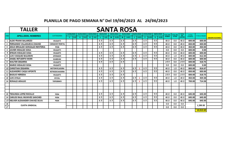 Planilla Santa Rosa Semana 9 | PDF