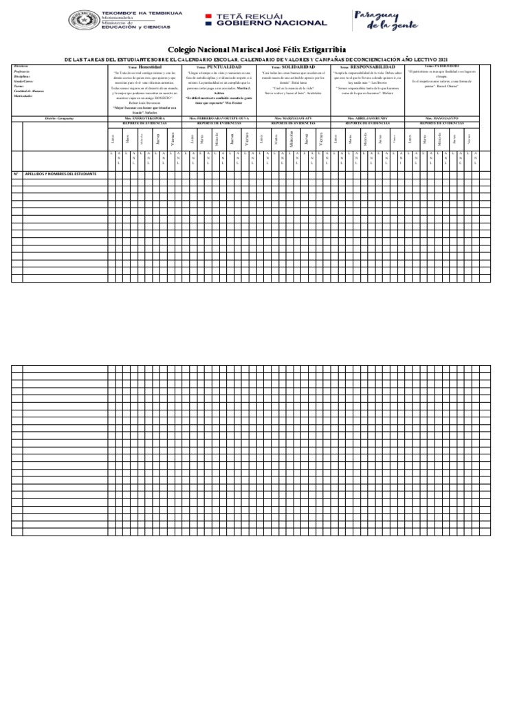 Planilla de Control de CALENDARIO ESCOLAR | PDF
