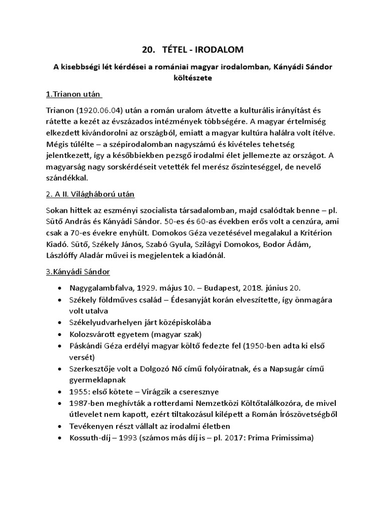 20.irodalom Tétel, Kányádi Sándor | PDF