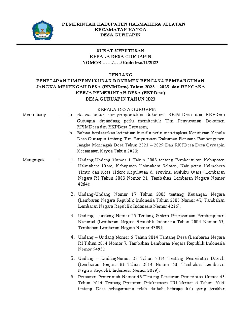 SK Tim Penyusunan Rpjmdesa Rkpdesa Guruapin | PDF