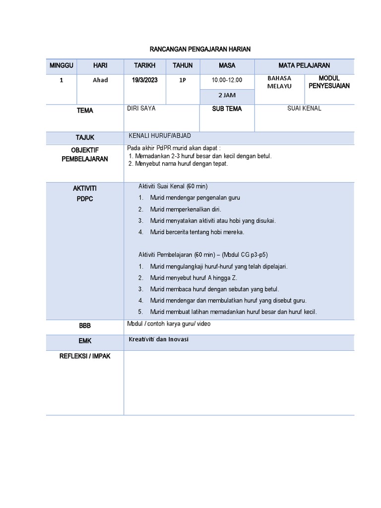 RPH Transisi Pendidikan Seni Bahasa Melayu | PDF