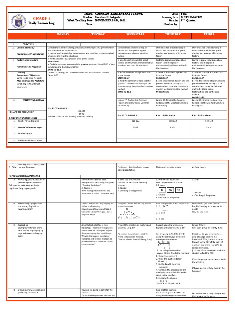 Grade 4 DLL Quarter 2 Week 2 | PDF | Flashcard | Cognition