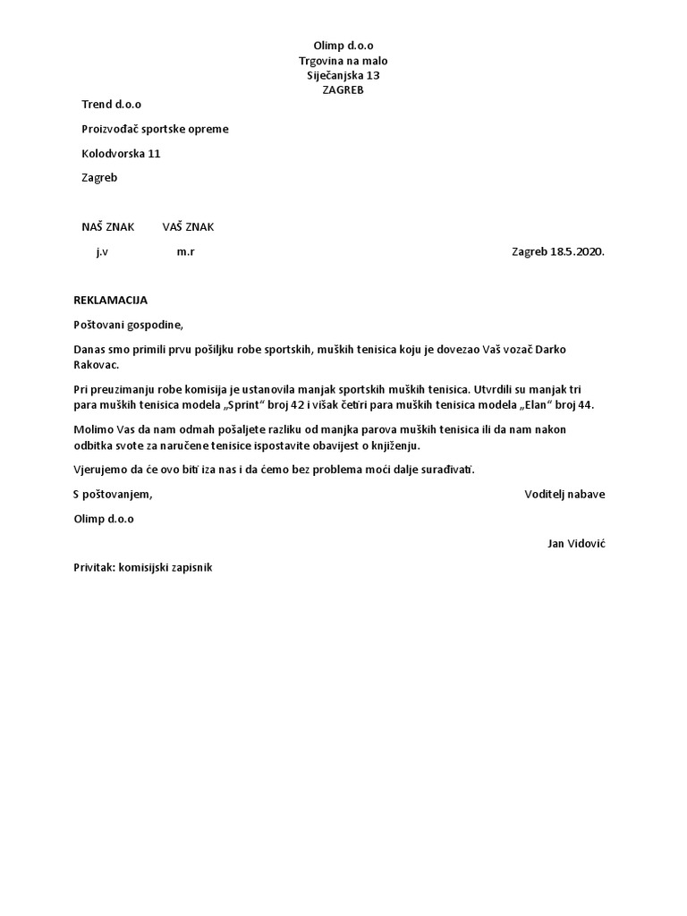 Vježba Reklamacija | PDF