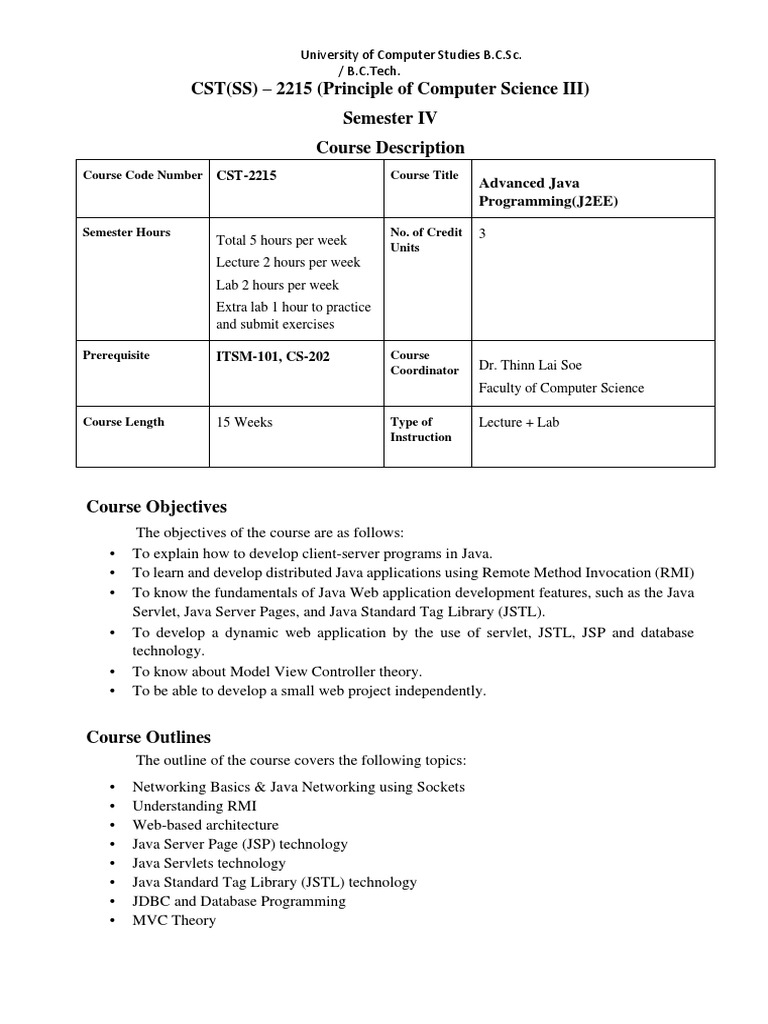 5. CST(SS) – 2215 (Principle of Computer Science III J2EE) Lecture Plan ...