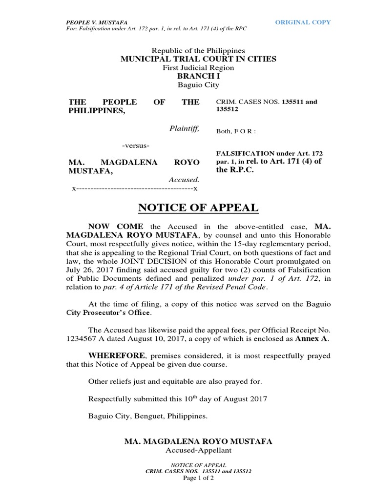 GRP 1 NOTICE OF APPEAL Mustafa | PDF | Separation Of Powers | Common Law