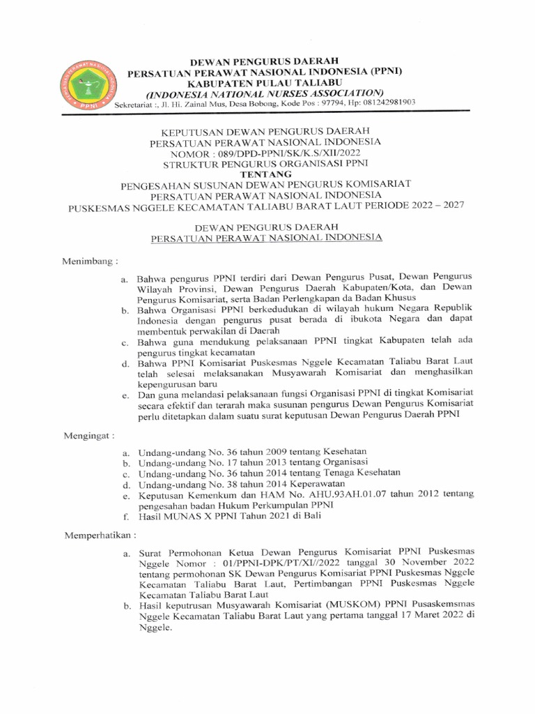 Struktur Pengurus PPNI Taliabu 2022-2027 | PDF
