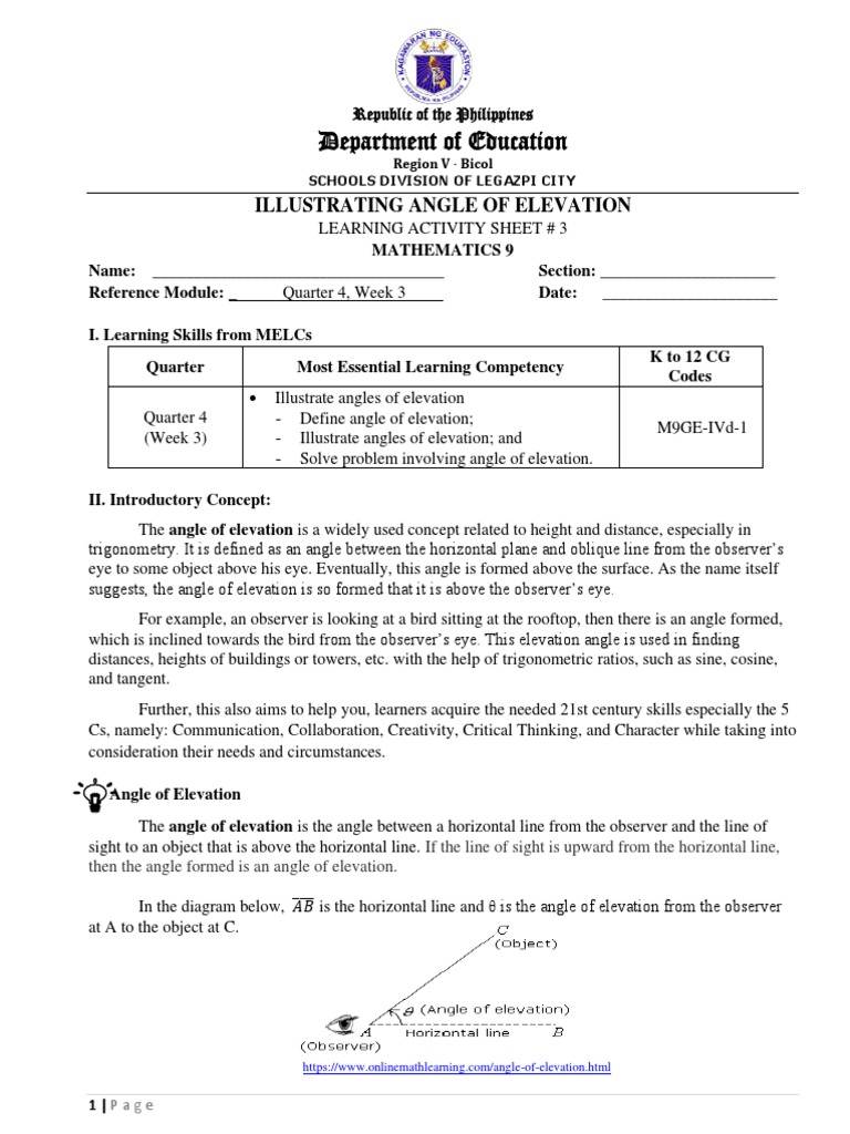 Angle of Elevation | PDF | Trigonometric Functions | Line (Geometry)