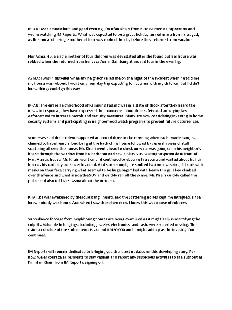 News Report Script | Download Free PDF | Crimes | Crime & Violence