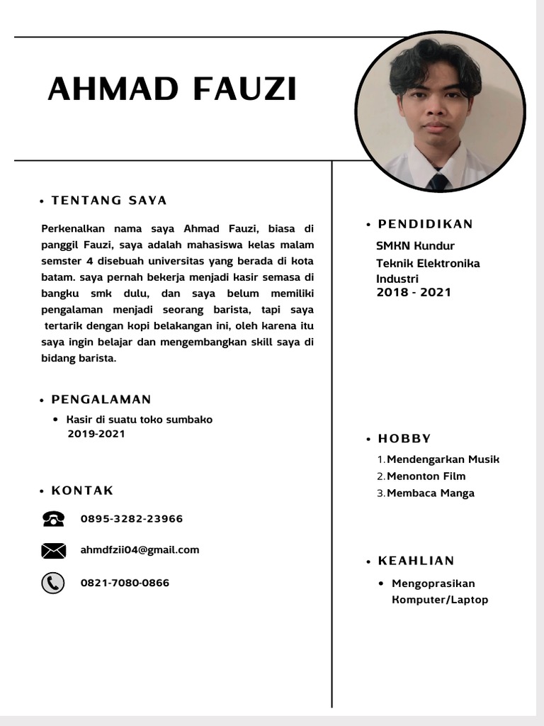 CV Ahmad Fauzi - Junior Barista (Part Time) | PDF