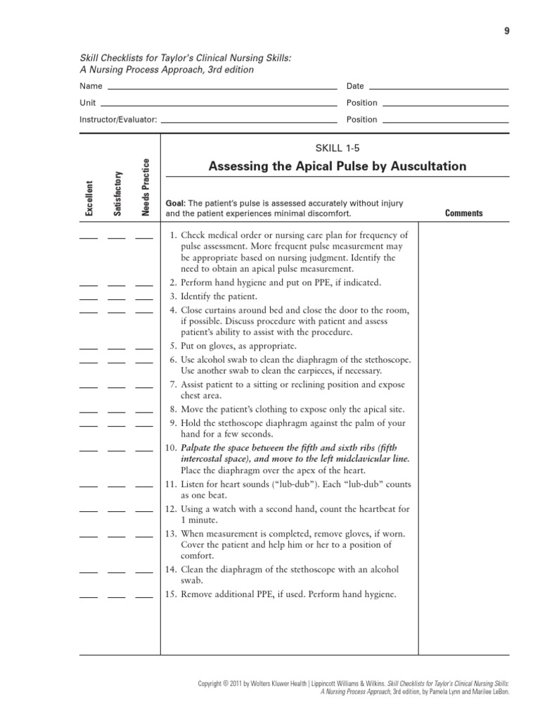Assessing The Apical Pulse by Auscultation | PDF | Pulse | Nursing