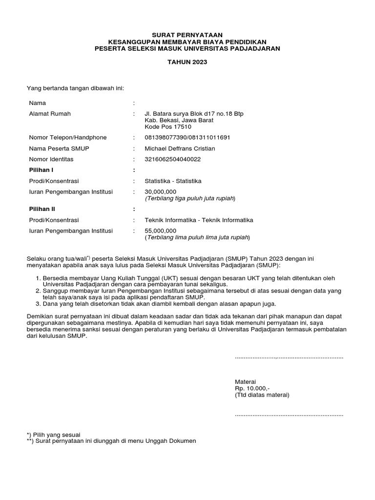 Surat Kesanggupan Unpad | PDF