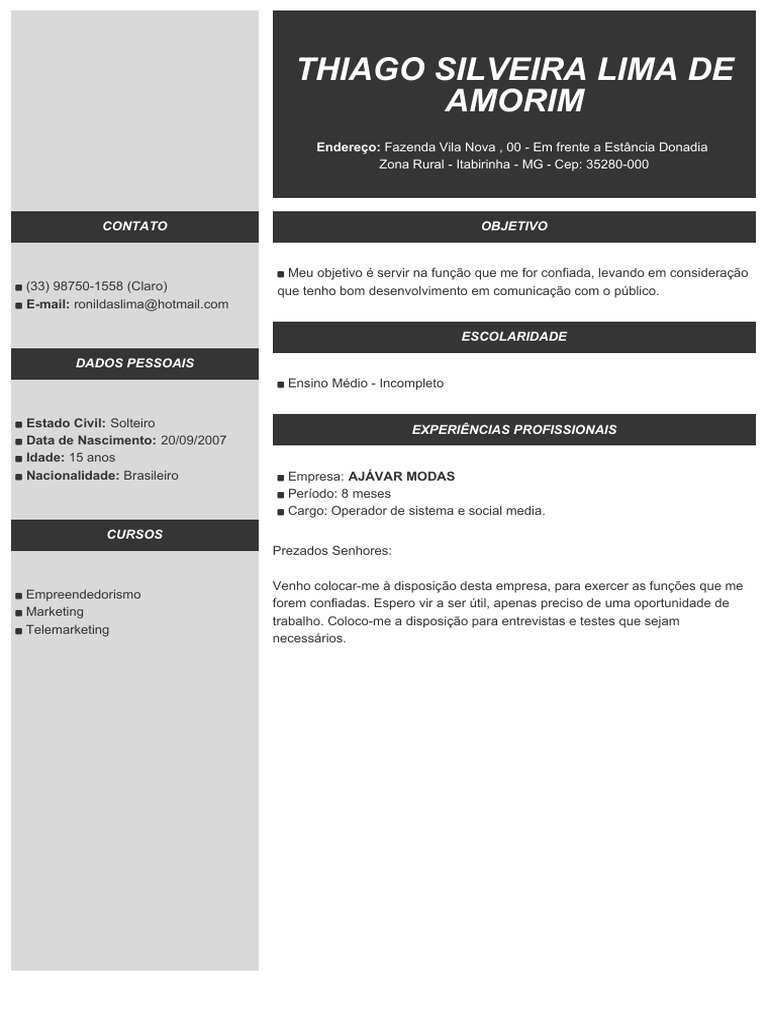 Curriculo de Thiago Silveira Lima de Amorim Criado em 02-06-23 As UW8sf Minha Pagina Inicial | PDF