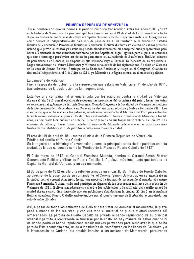 Primera Republica de Venezuela | Descargar gratis PDF | Conflictos