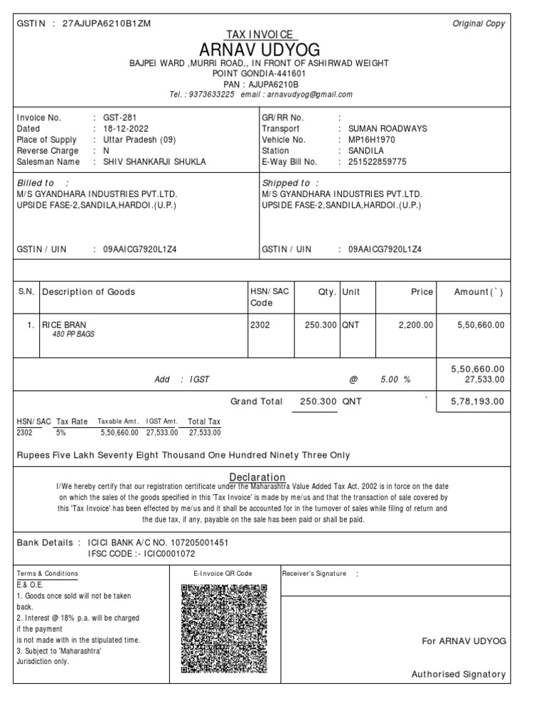 Tax Invoice for Rice Bran Sale | PDF | Public Law | Trade