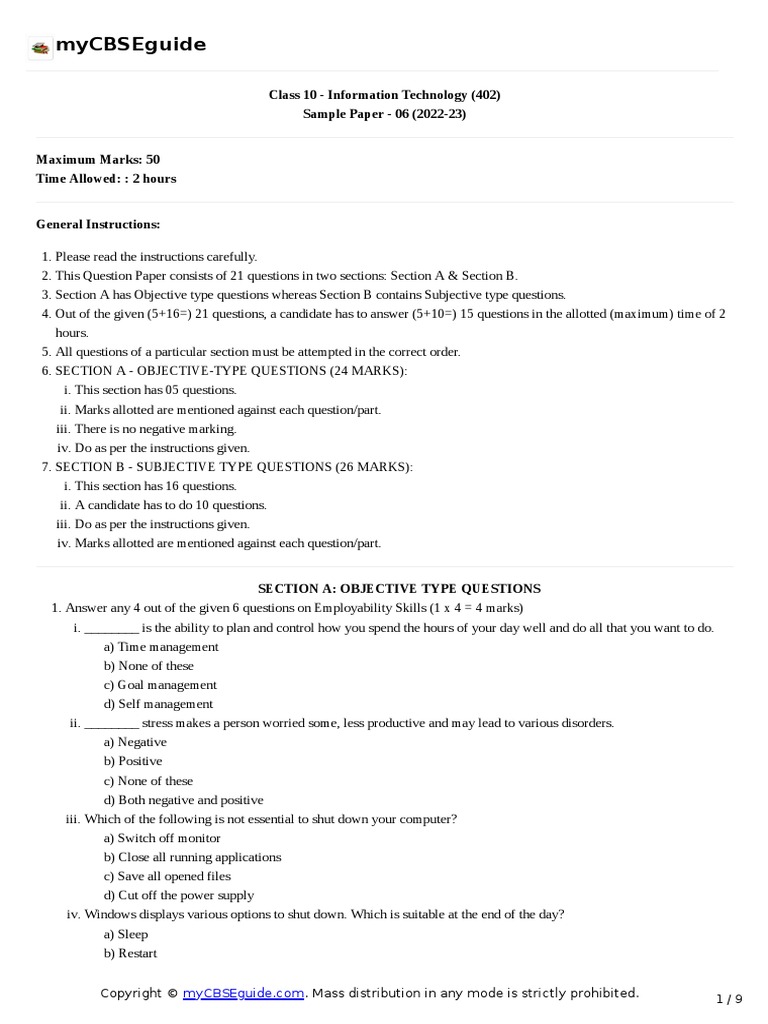 10 It Samplepaper 06 | PDF | Entrepreneurship | Microsoft Excel