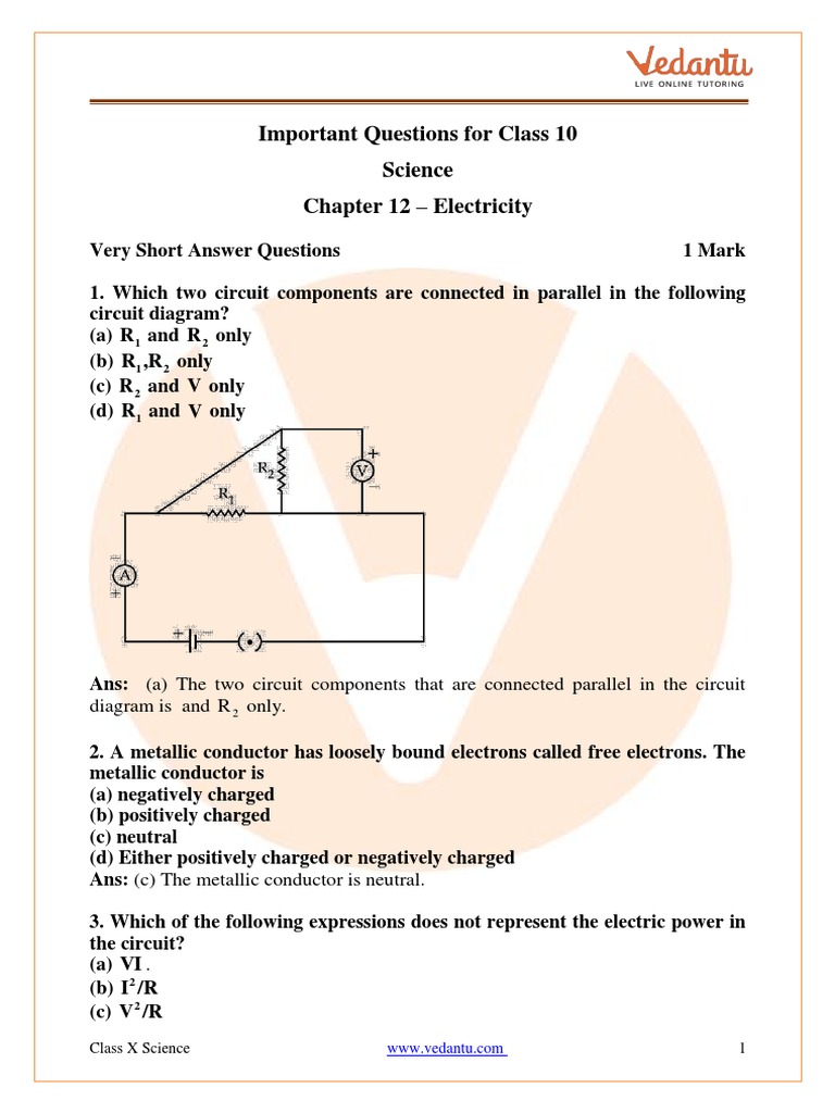 CBSE Class 10 Science Chapter 12 Electricity Important Questions 2022 ...
