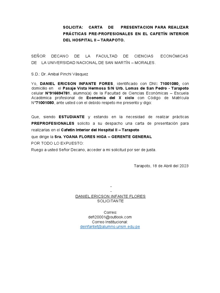 Solicitud Carta de Presentacion - Daniel Ericson Infante Flores | PDF | Ciencias sociales ...