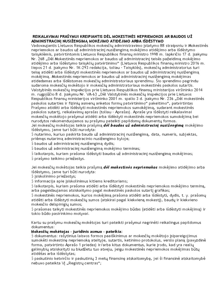 Reikalavimai Prašymui Kreipiantis Dėl Mokestinės Nepriemokos Ar Baudos Už Administracinį ...