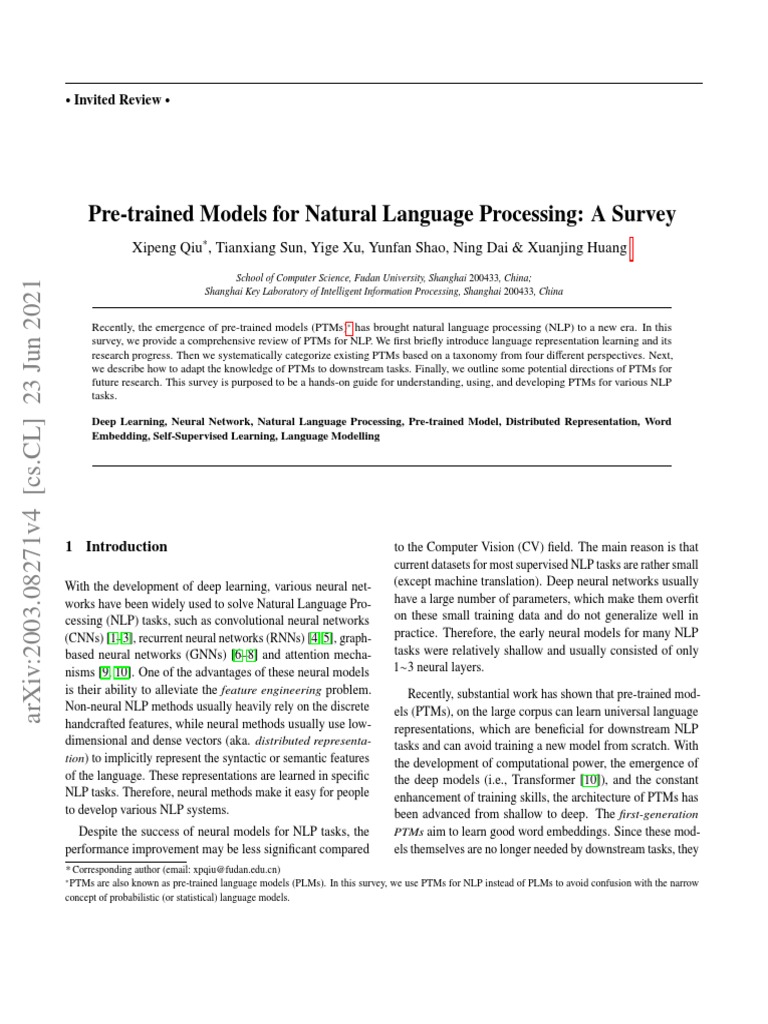 Pre-Trained Models For Natural Language Processing: A Survey | PDF | Linguistics | Learning