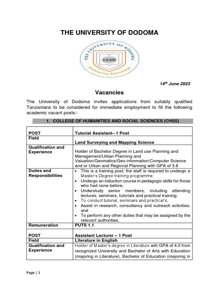 UDOM Academic Job Vacancies 2023 | PDF | Academic Degree | Bachelor's Degree