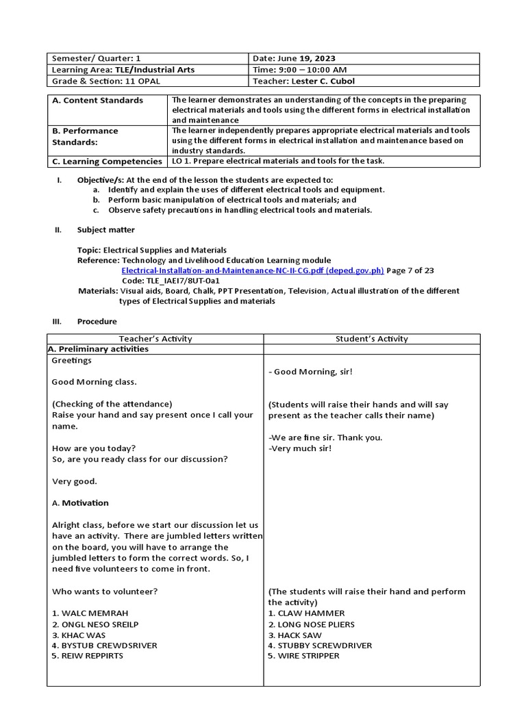 Detailed Lesson Plan in EIM 2023 | PDF | Electrical Connector | Ac ...