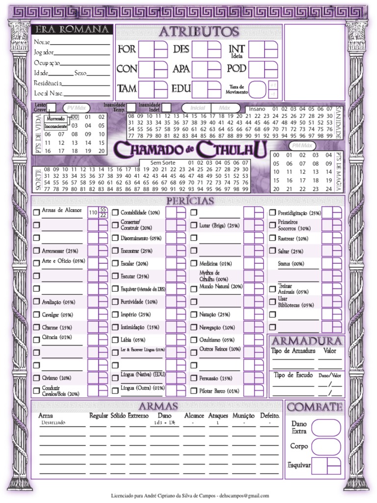 Chamado de Cthulhu Ficha de Personagem Invictus Gniw12 | PDF