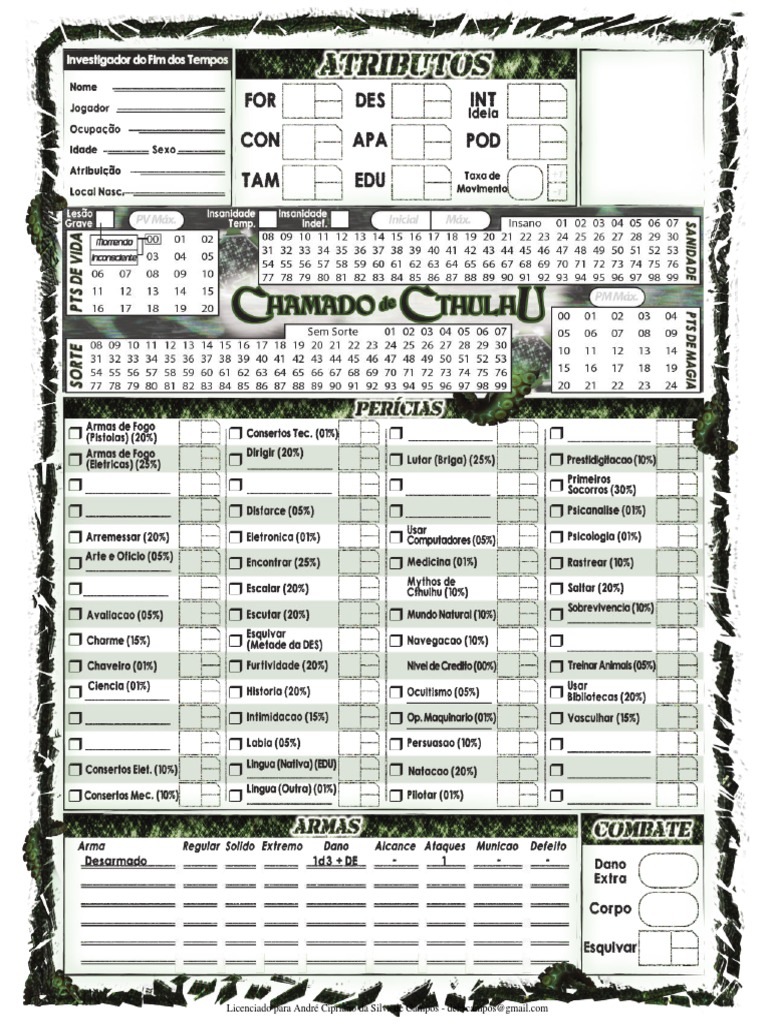 Chamado de Cthulhu Ficha de Personagem Fim Dos Tempos Smaazl | PDF